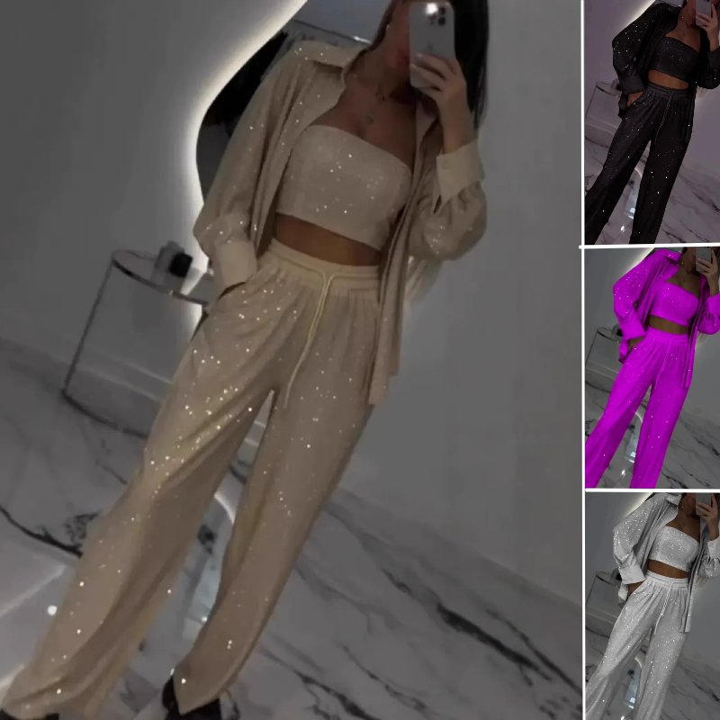 💕2025 HEISSER VERKAUF💐Paillettenblazer und weite Hose für Damen (3-tei ...